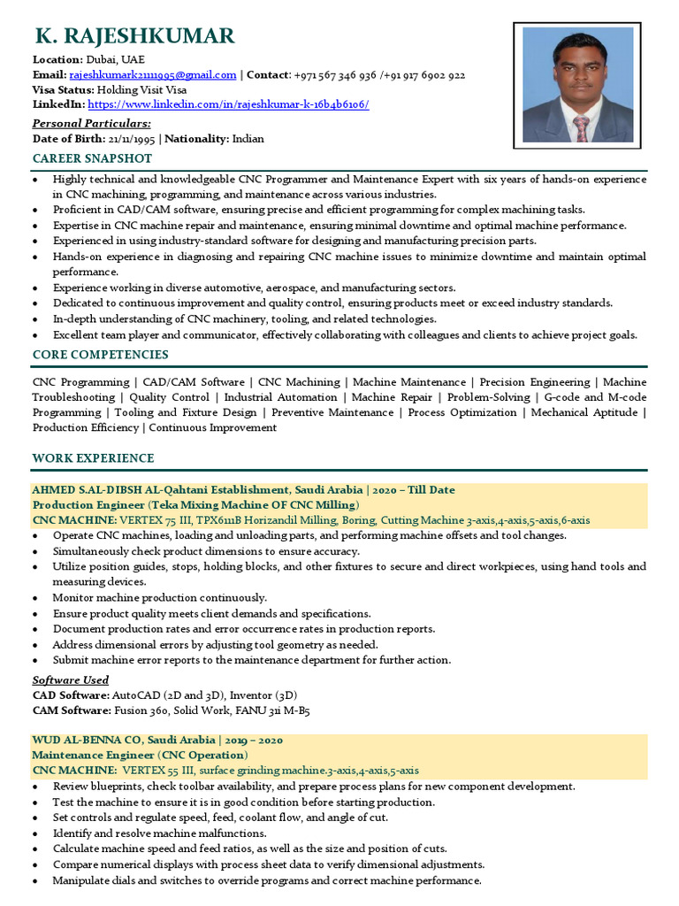 Rajeshkumar Kumarasamy - Production Engineer - 6+ - CV | PDF | Numerical Control | Machines