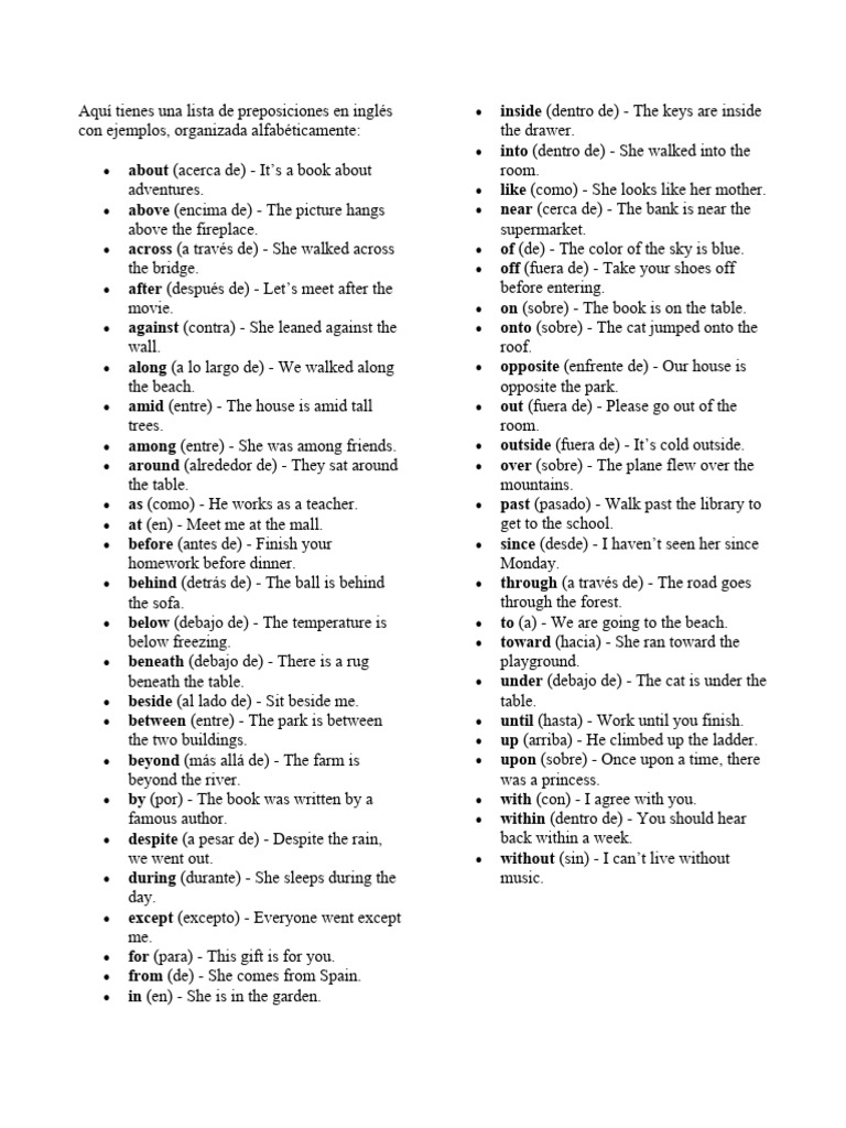 Lista De Preposiciones En Inglés Pdf