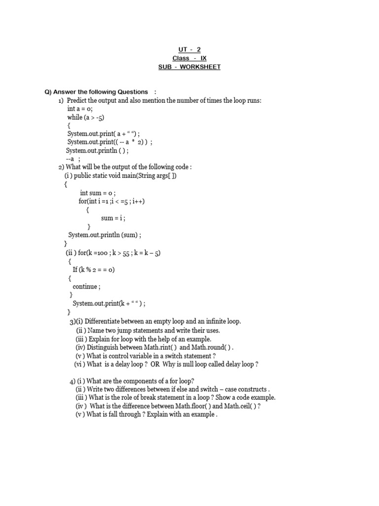 Class9 Ut2 Worksheet | PDF | Control Flow | Numbers