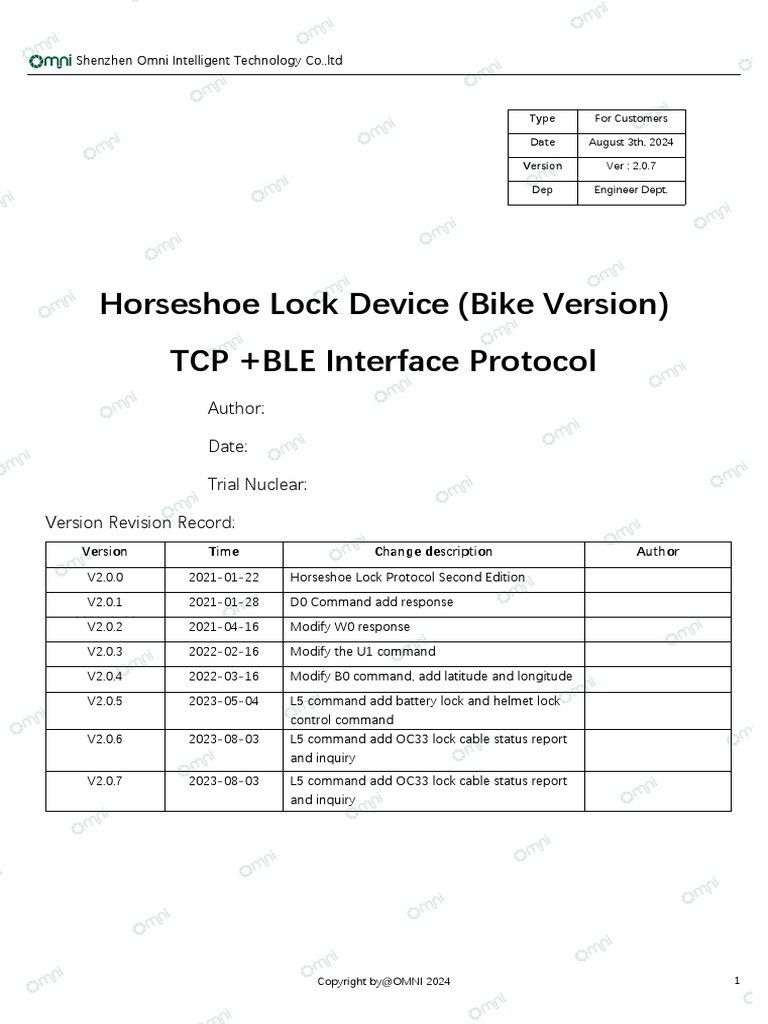 Omni Horseshoe Lock Device TCP+BLE Interface Protocol - V2.0.7 Bike Version | PDF | Encryption ...