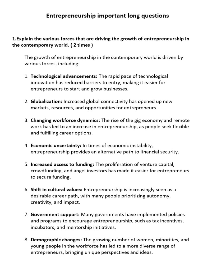 Entrepreneurship Long Questions Solution | PDF | Entrepreneurship ...