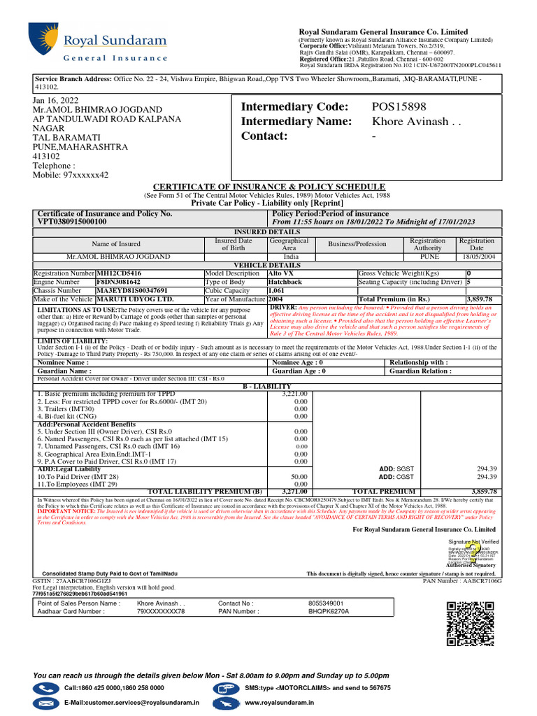 Intermediary Code: Intermediary Name: Contact:: POS15898 Khore Avinash ...