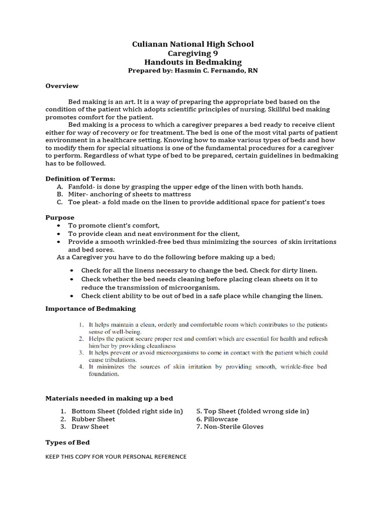 Bedmaking Handouts | PDF | Bed