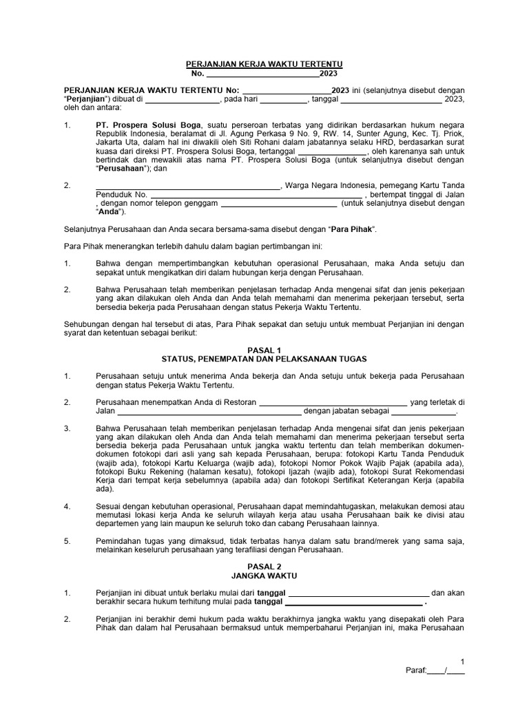Template Perjanjian Kerja Waktu Tertentu (PKWT) - PSB-3 | PDF