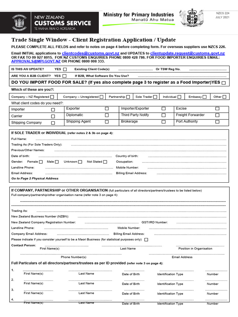 Nzcs 224 Trade Single Window Client Registration Application July 2021 ...
