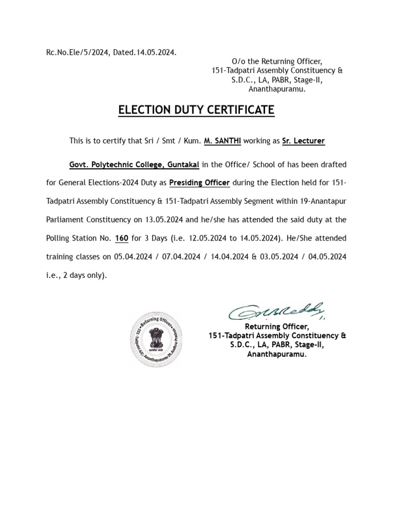 Election Duty Certificates 2024 | PDF