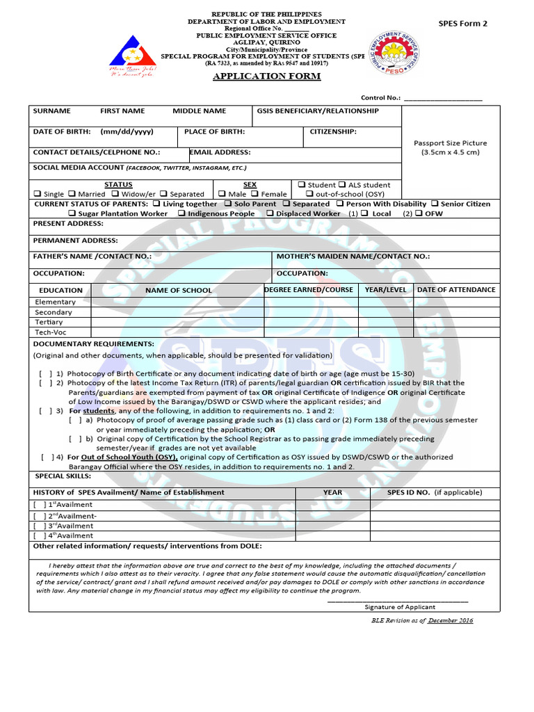 Spes Form 2 - Application Form | PDF