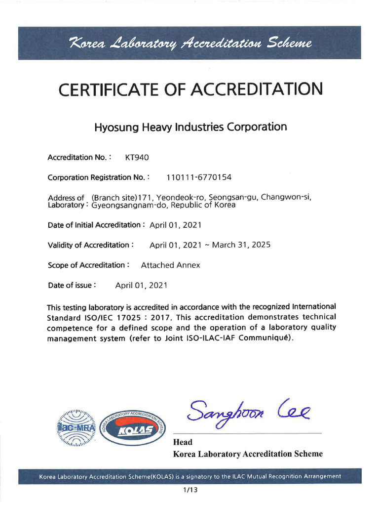 (창원공장) KOLAS 공인시험기관 인정서 (영문) | PDF | Transformer | High Voltage