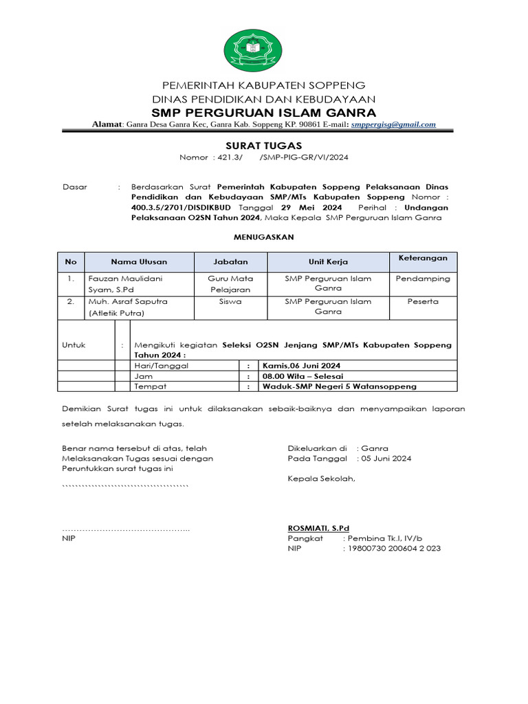 SURAT TUGAS Edit ( O2SN Atletik Putra) - Google Dokumen | PDF