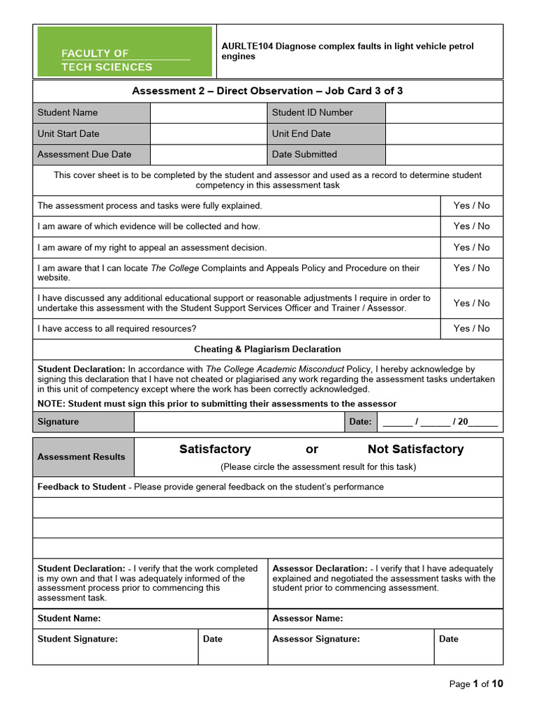 FTS Assessment 2 Student Practical Demonstration of Tasks Job Card 3 ...