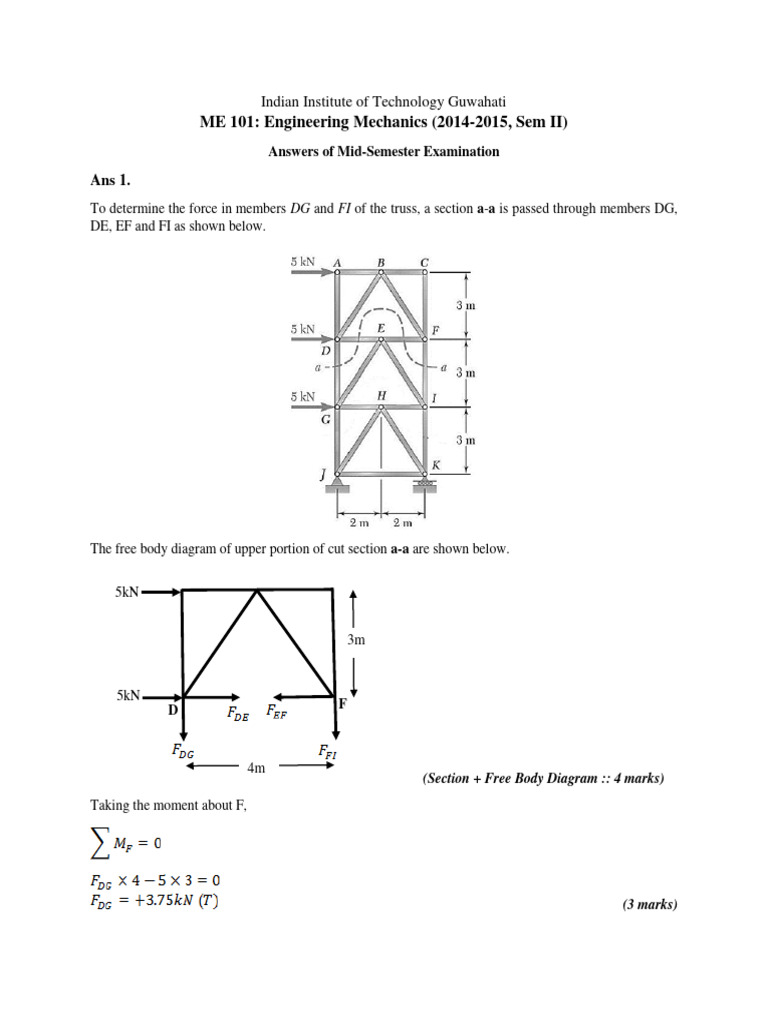 ME101 Midsem Answers | PDF | Bending | Force
