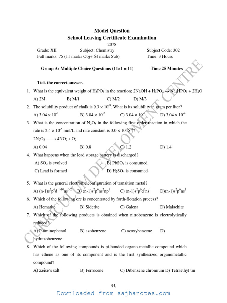 NEB Grade 12 Chemistry Model Paper | PDF | Hydroxide | Chemical Reactions