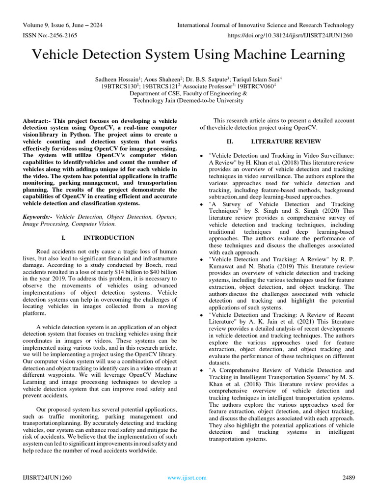 Vehicle Detection System Using Machine Learning Pdf Computer Vision Road Traffic Safety
