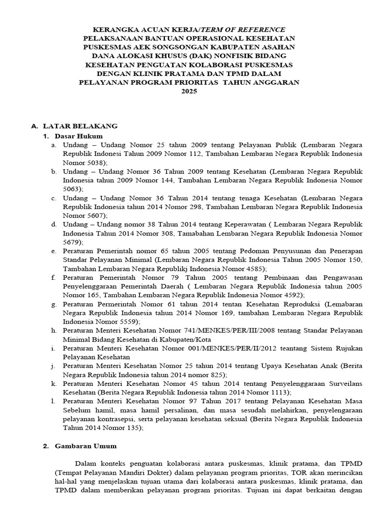 TOR Penguatan Kolaborasi Puskesmas Dengan Klinik Pratama Dan TPMD Dalam Pelayanan Program ...