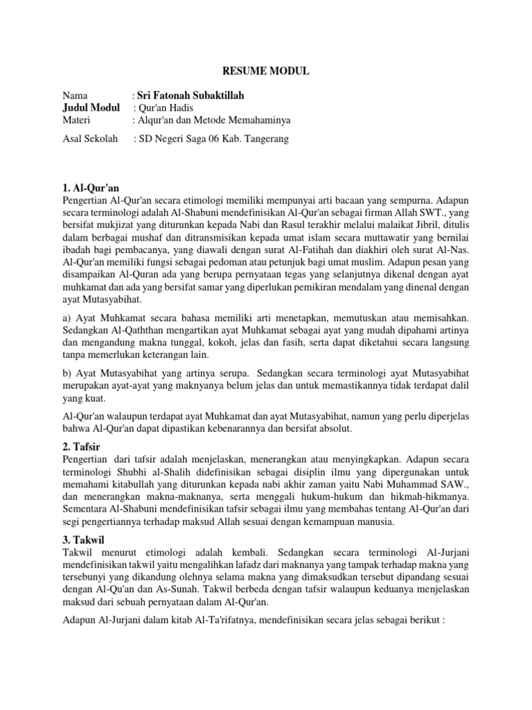 Resume Modul Qur'an Hadis KB 1-4 | PDF | Seni & Disiplin Bahasa | Agama & Spiritualitas