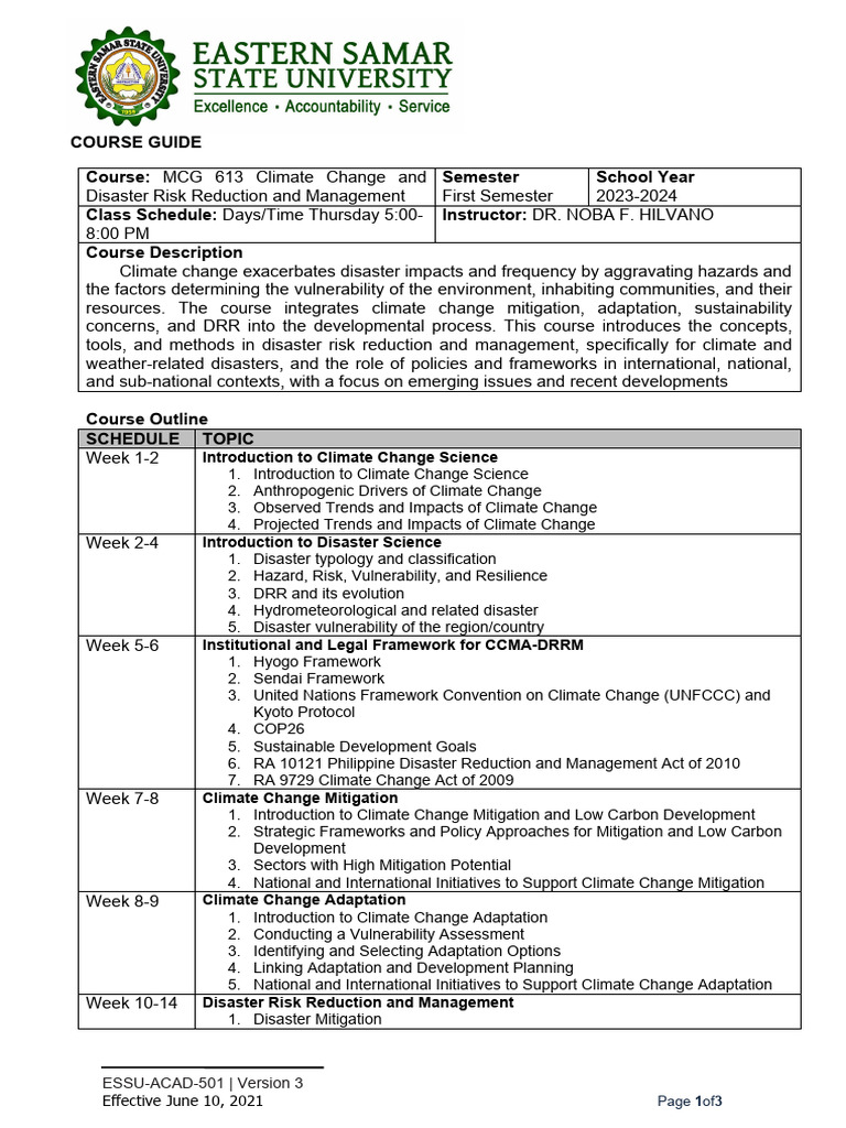 Course Guide - MCG 613 1st Sem. SY 2023 2024 | PDF | Disaster Risk Reduction | Climate Change