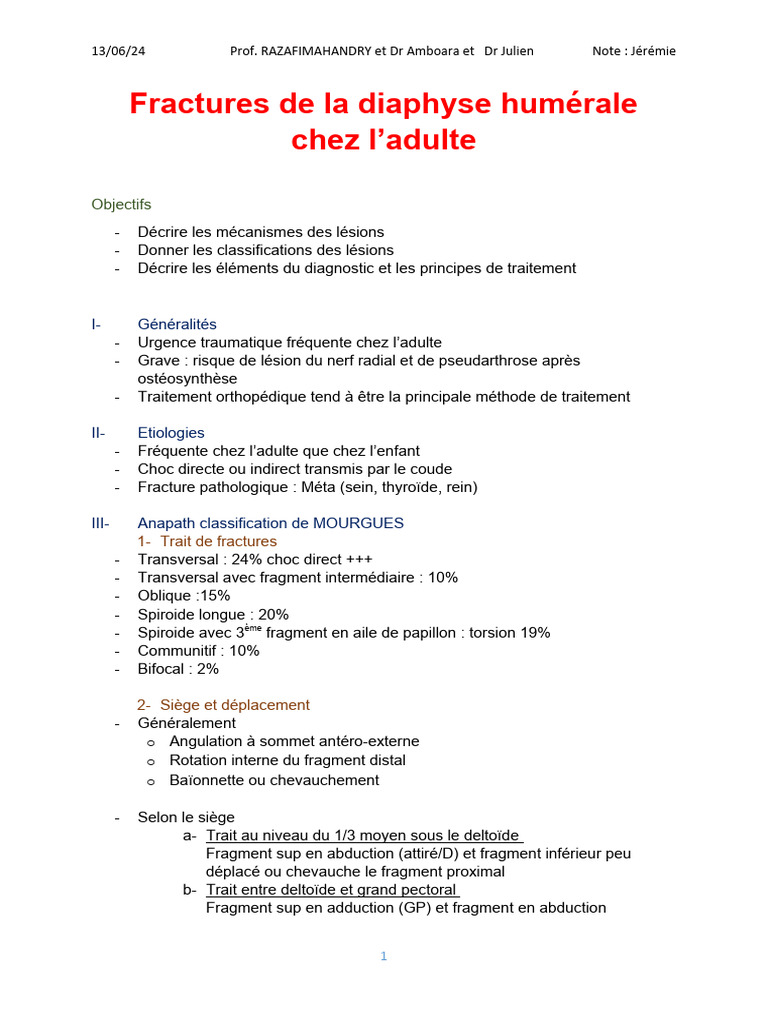 Fractures diaphysaires humérales chez l'adulte | PDF | Orthopédie ...