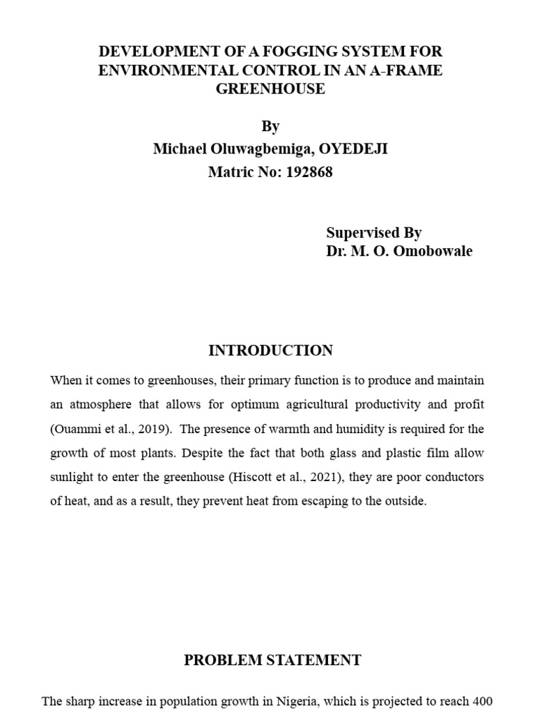 Oyedeji Michael Final Yr Presentation | PDF | Greenhouse | Humidity
