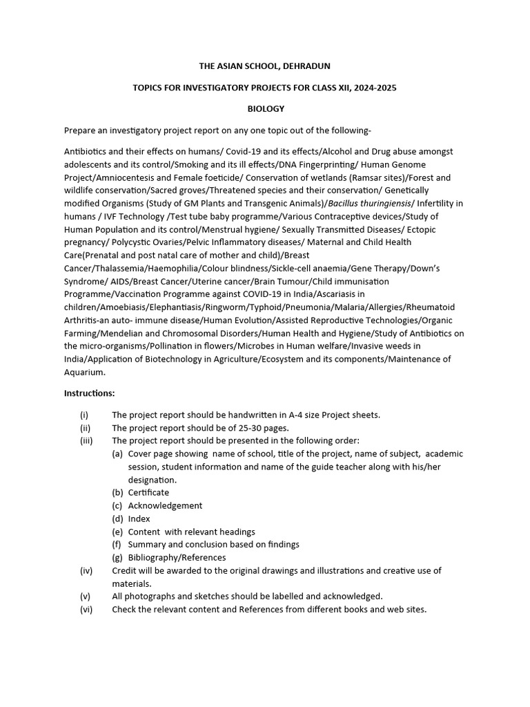 Biology Project Topics - 2024-2025, Class 12 | PDF | Cancer ...