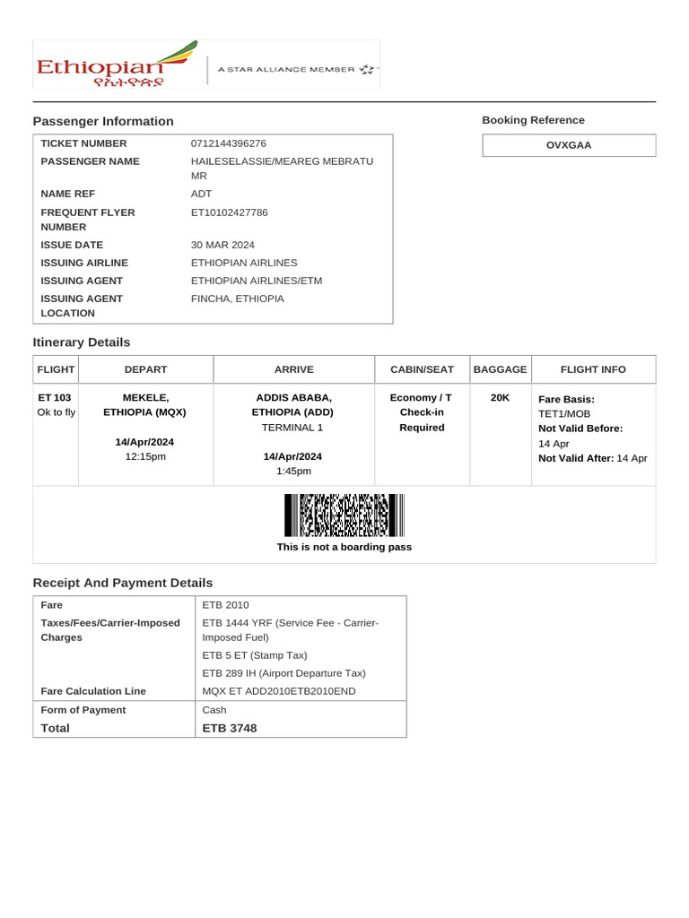 Electronic Ticket Receipt, April 14 For MR Meareg Mebratu Haileselassie | PDF | Aviation