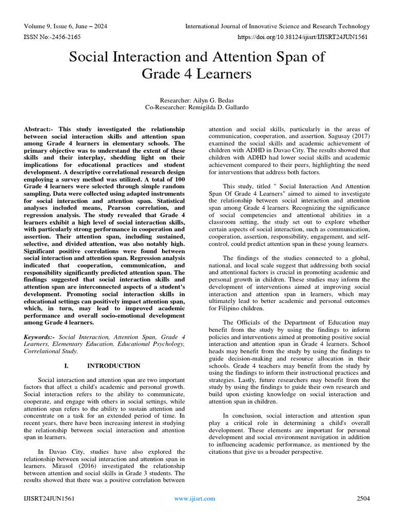 Social Interaction & Attention Span in Grade 4 | PDF | Attention | Learning