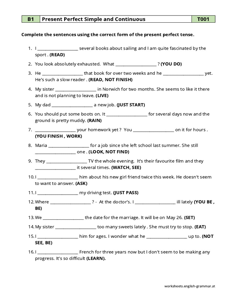 Present Perfect Tense - Simple and Continuous - PDF Worksheets - T001 | PDF