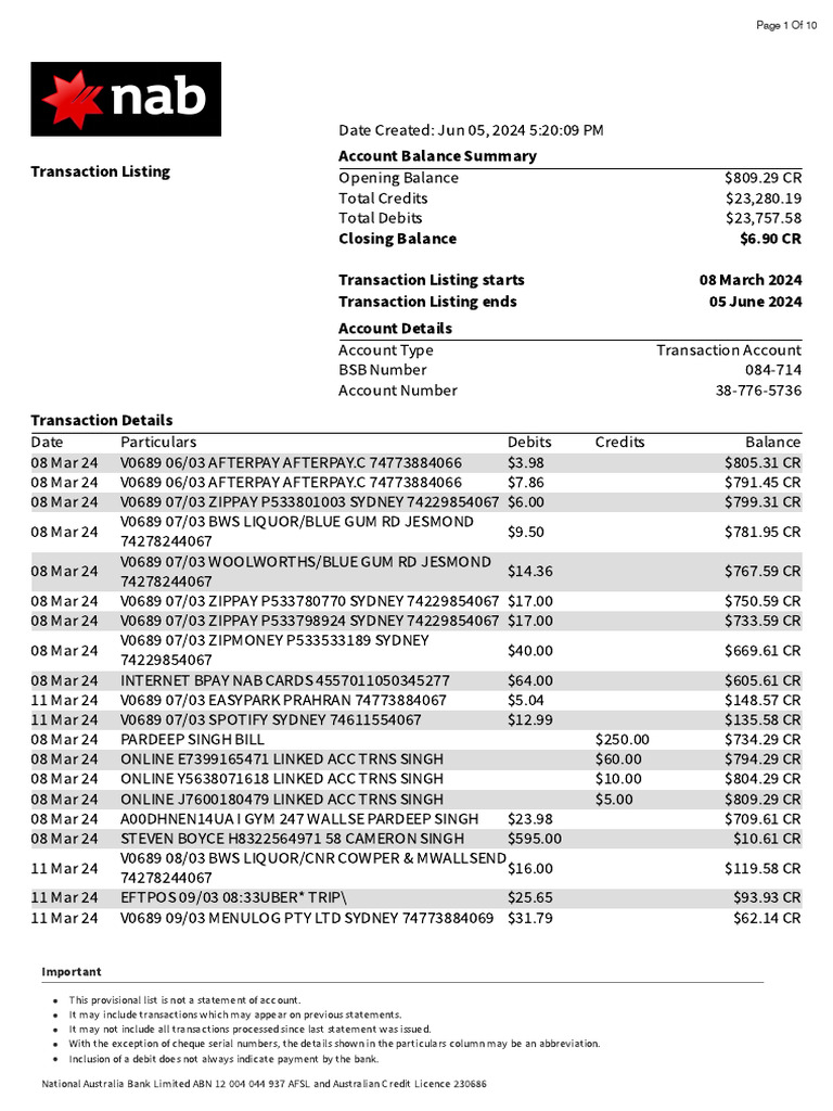 NAB Interim Statement Overview | PDF | Debits And Credits | Cheque