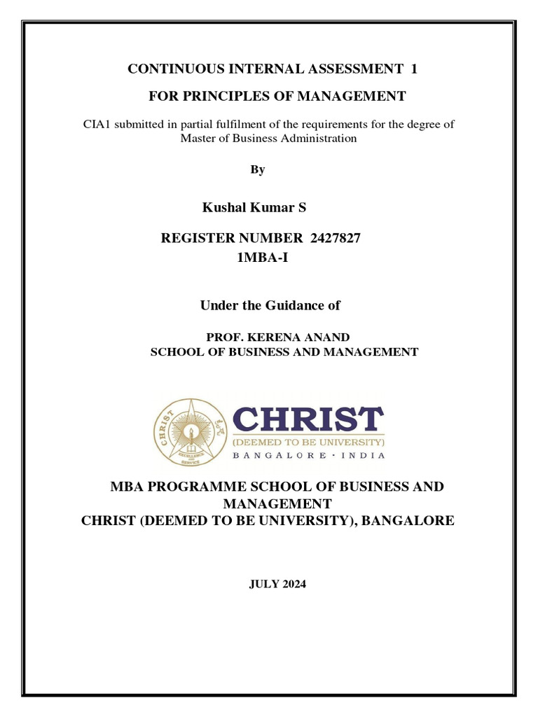 PRINCIPLES OF MANAGEMENT CIA 1 | PDF | Banks | Corporate Social Responsibility