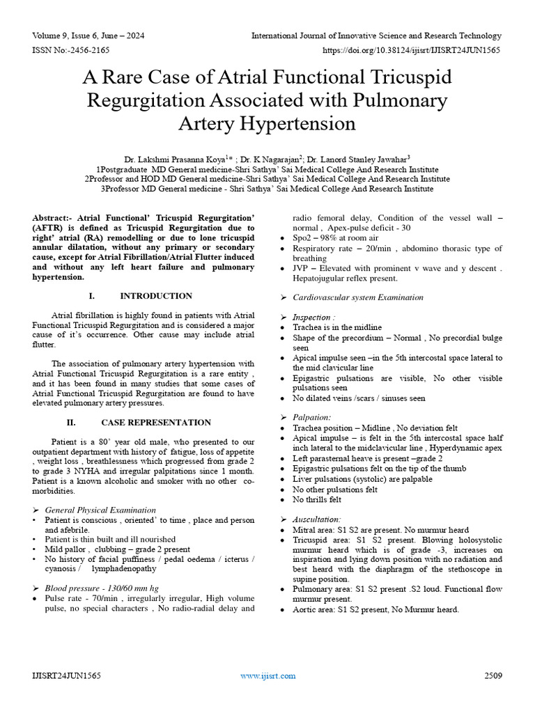 A Rare Case of Atrial Functional Tricuspid Regurgitation Associated ...