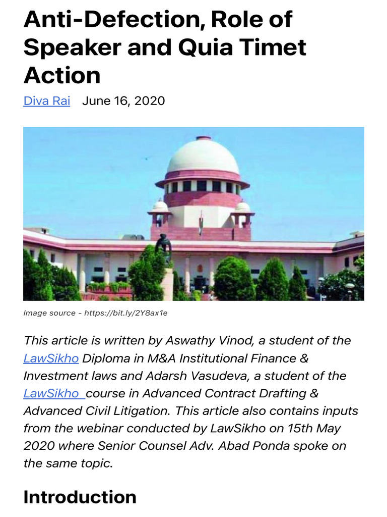 Anti-Defection, Role of Speaker and Quia Timet Action | PDF ...