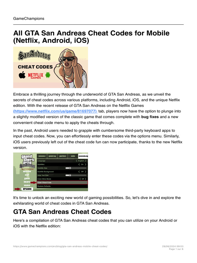 Cheats - GTA San Andreas Mobile - Netflix, IOS, Android | PDF | Ios ...