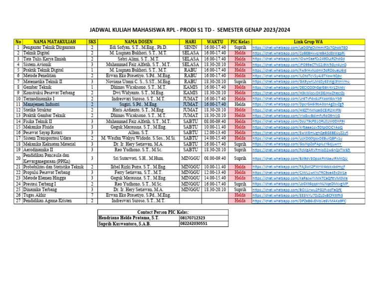 Jadwal Kuliah Kelas RPL Prodi S1 TD_Genap 2023 2024 | PDF