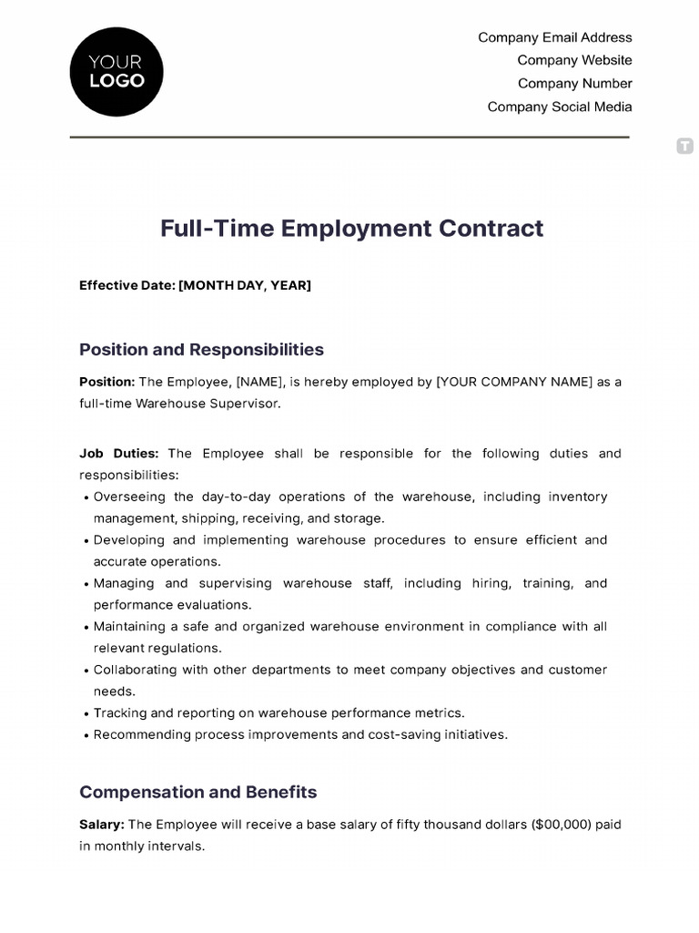 Full-time Employment Contract HR Template - Edit Online & Download ...