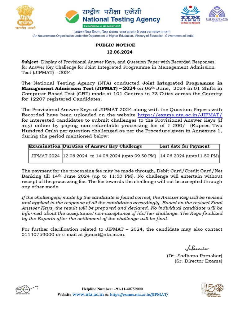 Public Notice Jipmat 2024answer Key Challenge | PDF | Payments | Debit Card
