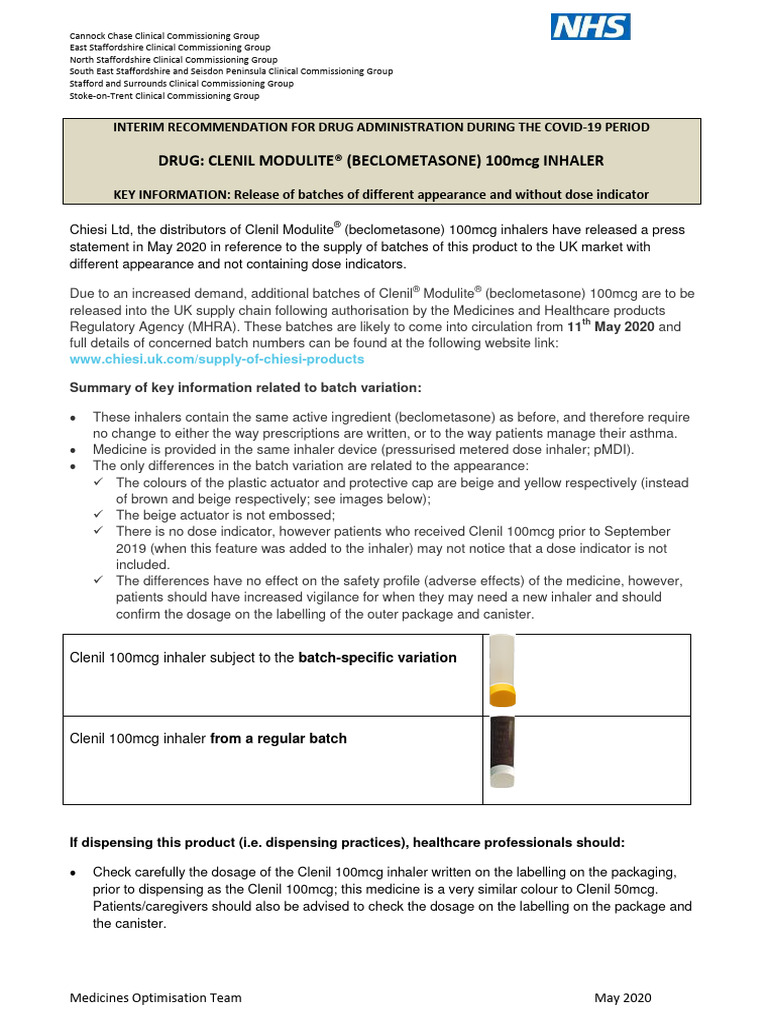 Clenil Modulite 100mcg Inhaler Update | PDF | Chemistry | Dose ...