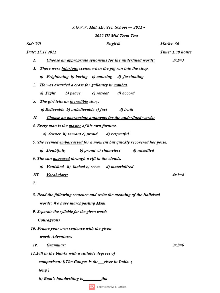 II Mid Term Test - VIl | PDF
