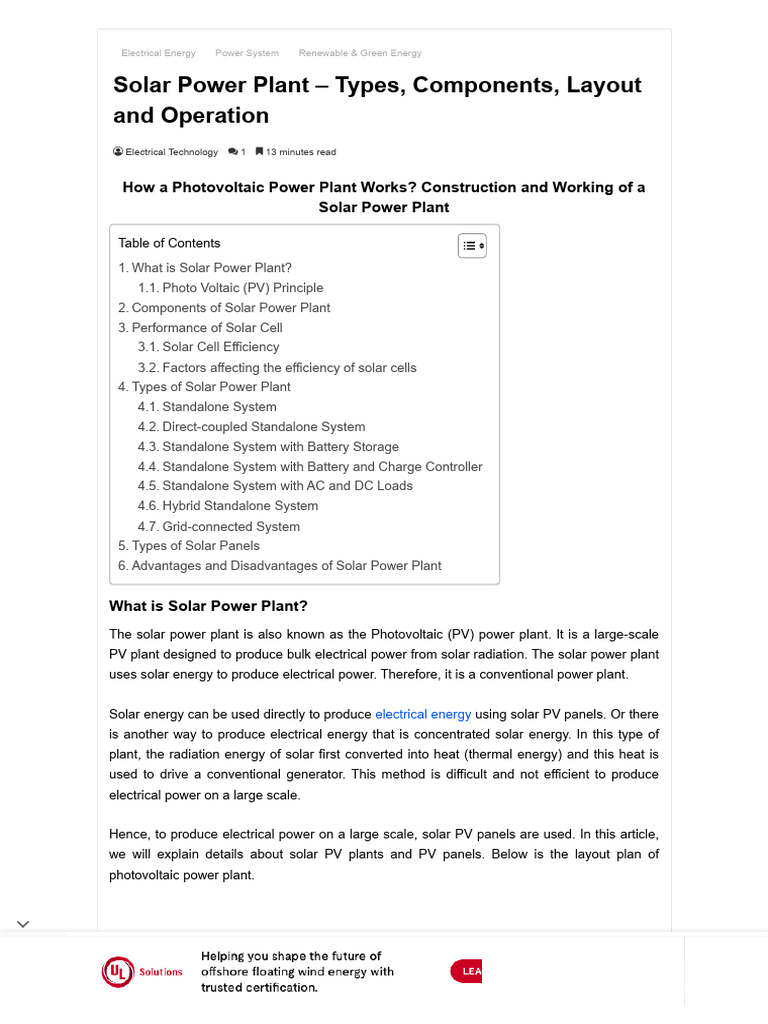 Solar Power Plant - Types, Components, Layout and Operation | PDF ...