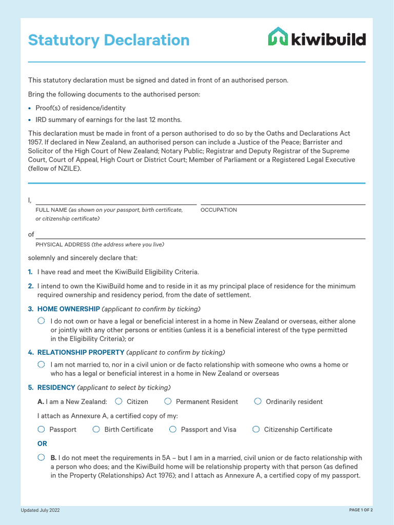 KiwiBuild Statutory Declaration July 2022 | PDF | Notary Public ...
