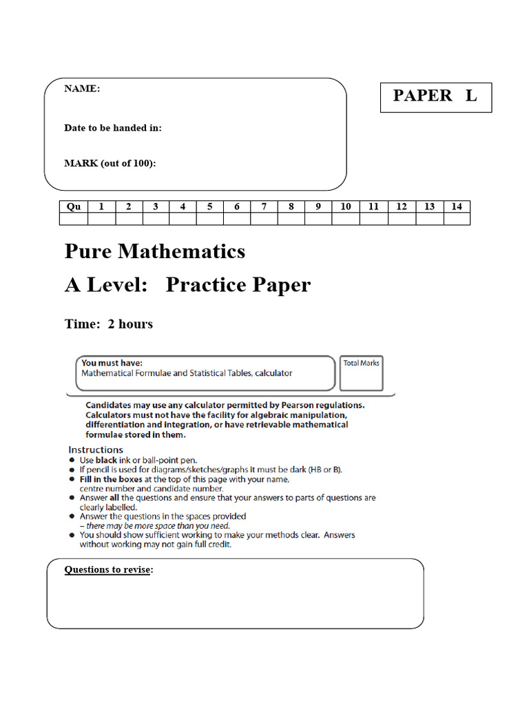 12a A Level Mathematics Practice Paper L - Pure Mathematics | PDF ...