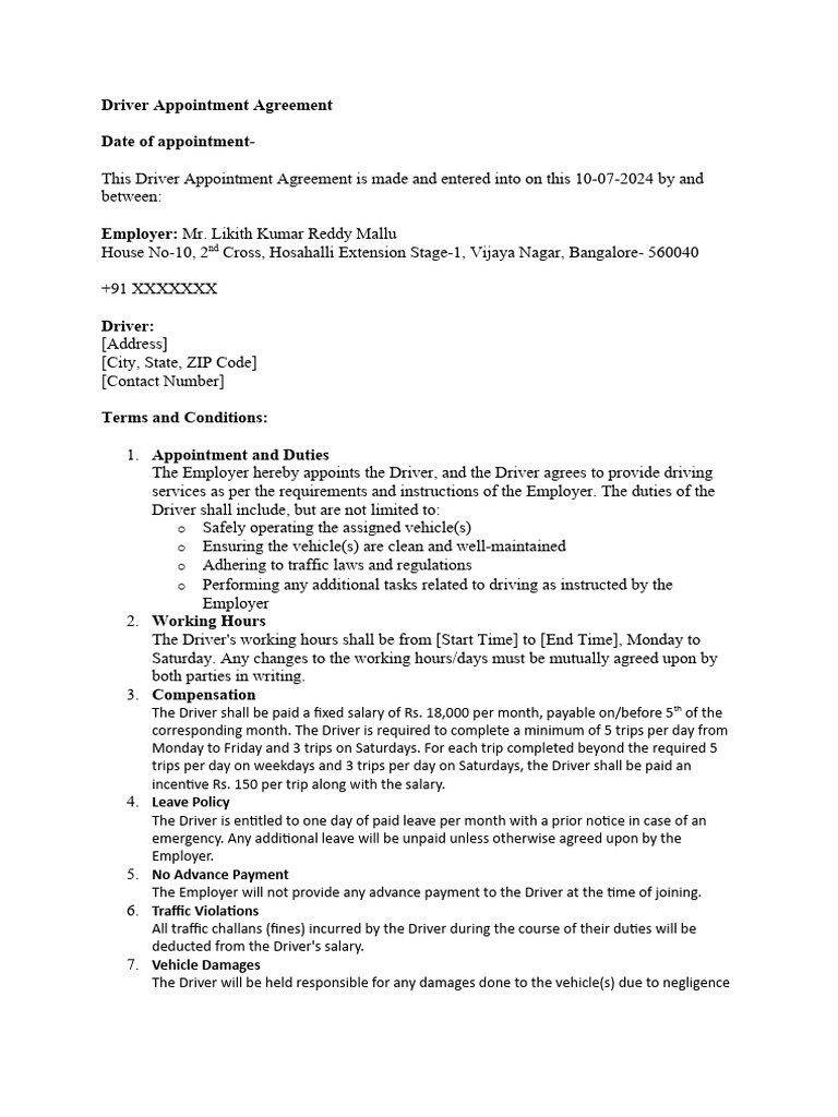 Driver Appointment Agreement | Download Free PDF | Legal Liability | Employment