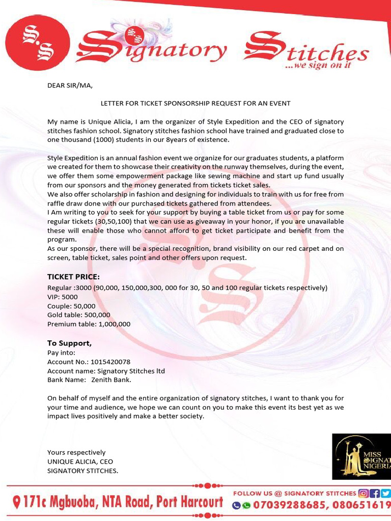 Letter For Ticket Sponsorship Request For An Event | PDF | Lifestyle