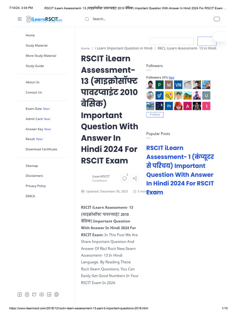Rscit Ilearn Assessment-13 (माइ ोसॉ पावर ाइंट 2010 बे सक) Important ...