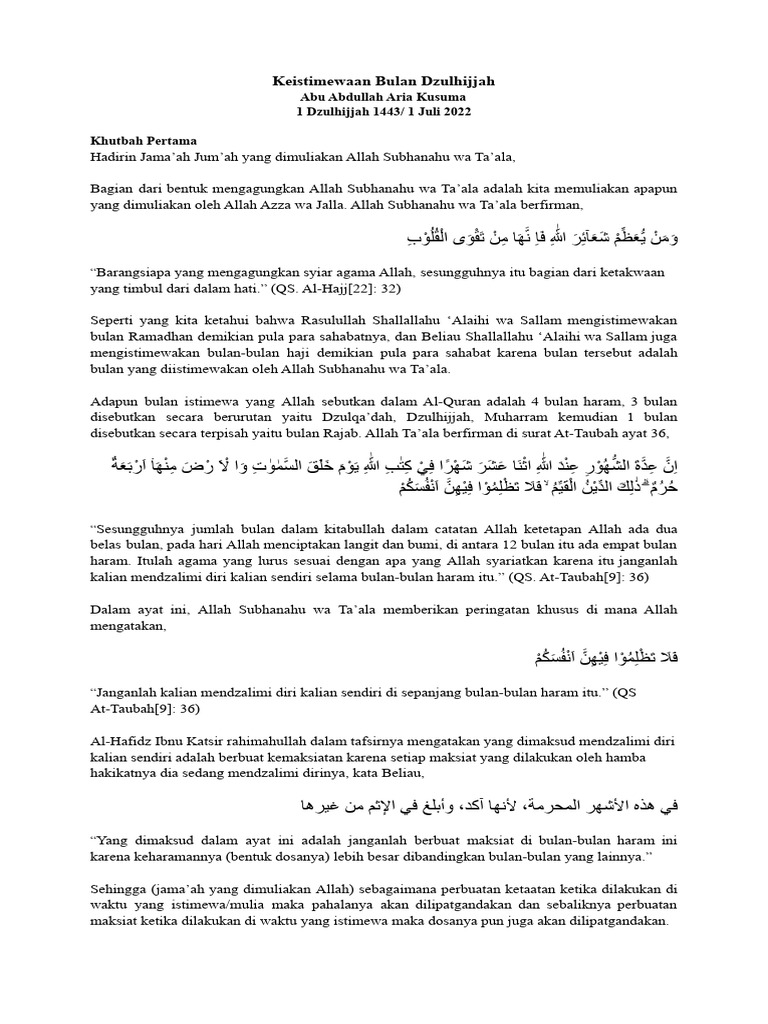 Khutbah Keistimewaan Bulan Dzulhijjah | PDF