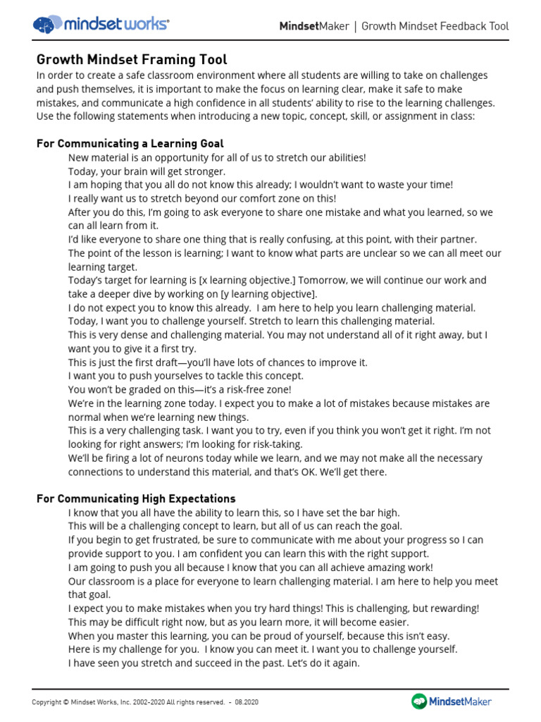 GrowthMindset-Feedback-and-Framing-Tool | Download Free PDF | Mindset | Learning