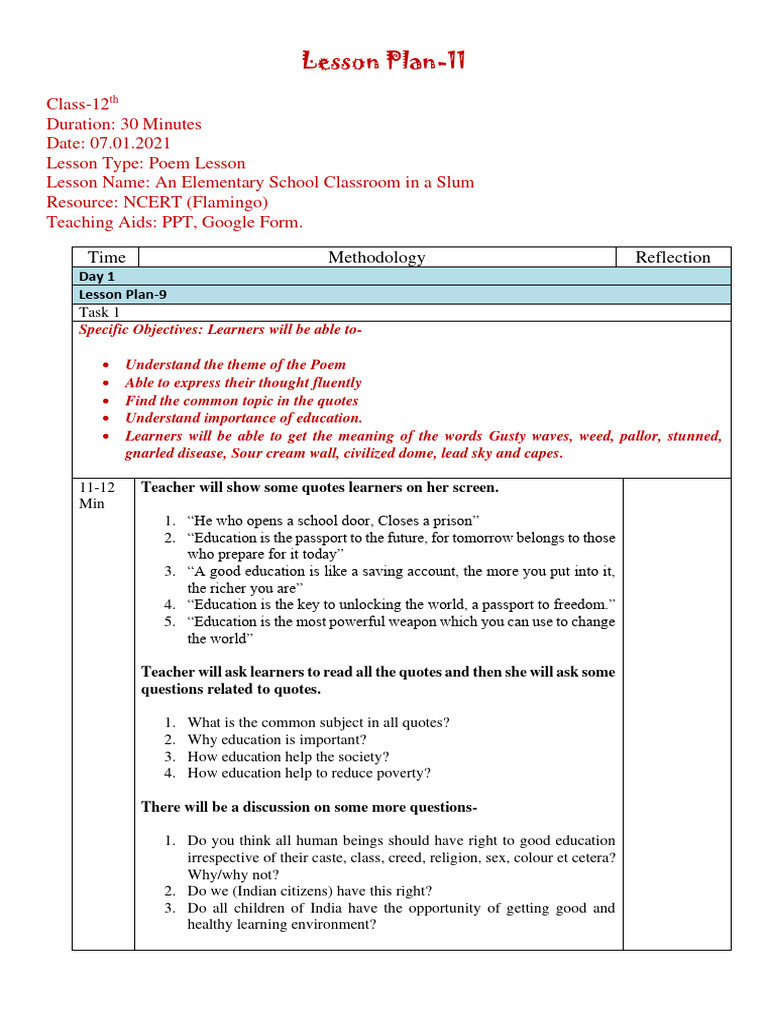 An Elementry School Lesson Plan11&12 | PDF | Learning | Poetry