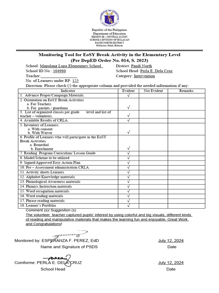 MLES Monitoring Tool NLC 2024 | PDF | Pedagogy | Learning