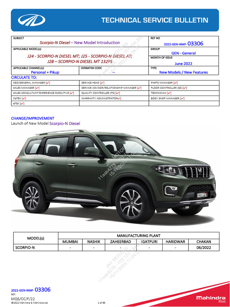 TSB 2022 NMF 03306 Scorpio N Diesel New Model Introduction 11aab4278 ...
