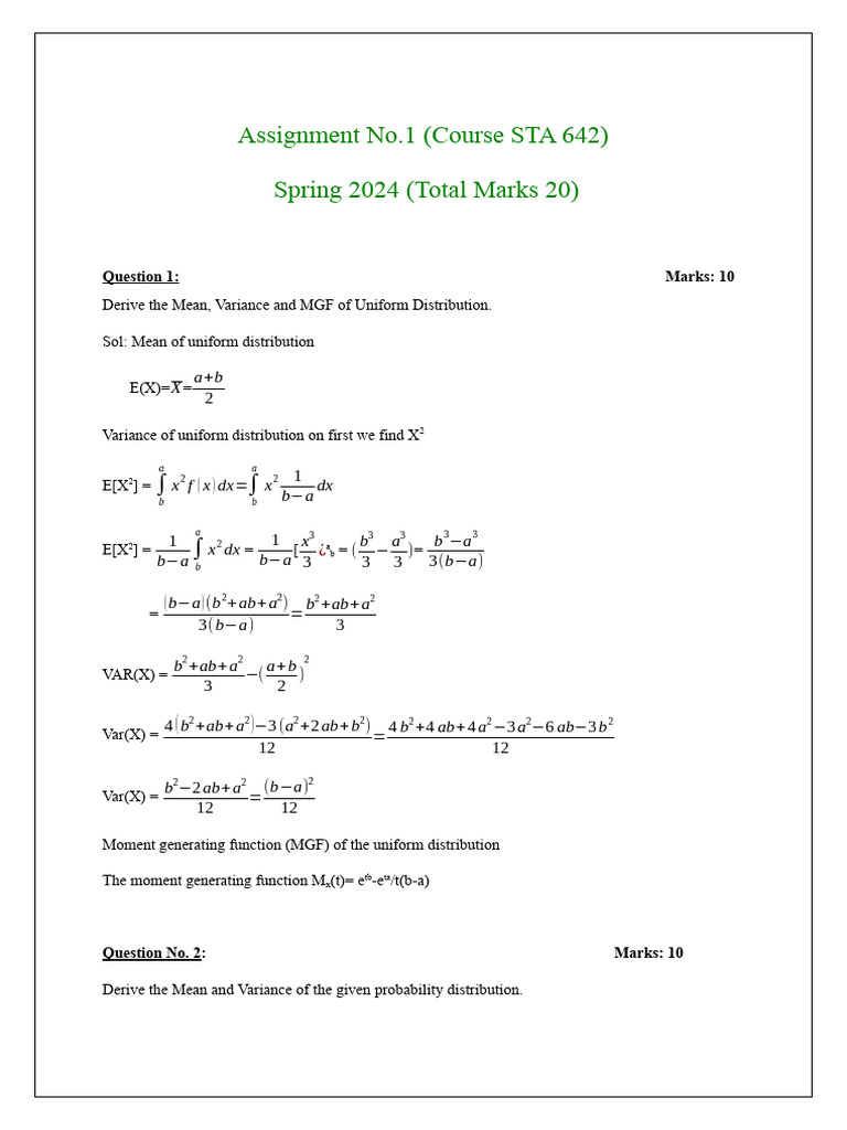 sTA642 ASSIGNMENT 1 SOLUTION | PDF | Measure Theory | Descriptive Statistics