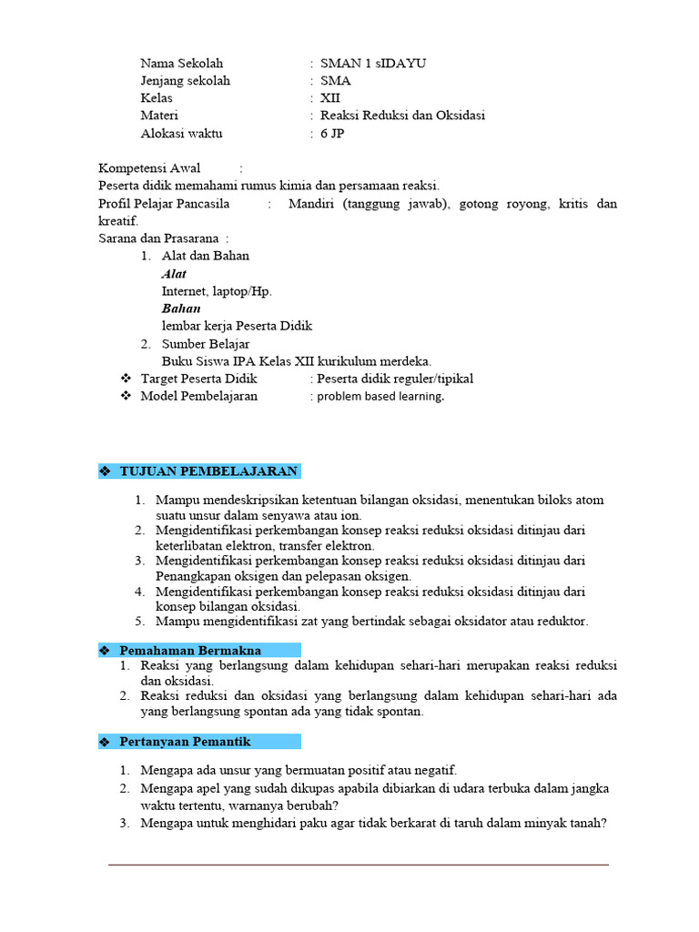 Modul Ajar Reaksi Redoks Kimia Xii Idlhar | PDF