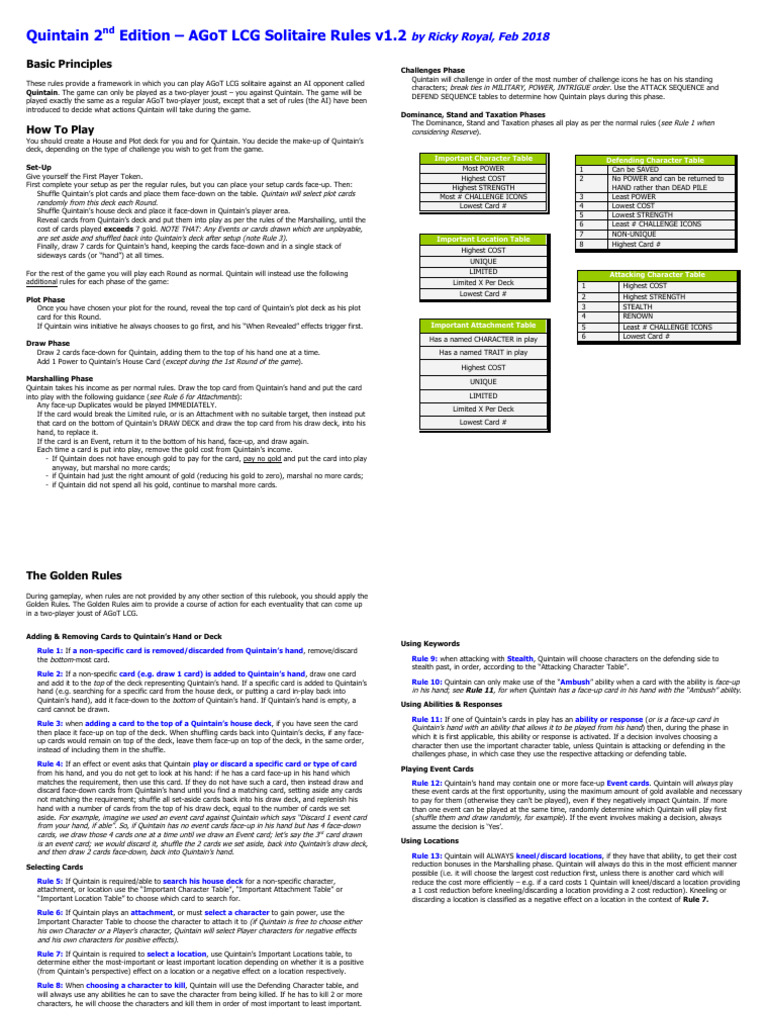 Quintain AGoT 2ndedition Solo v1 2 | PDF | Gaming | Card Games